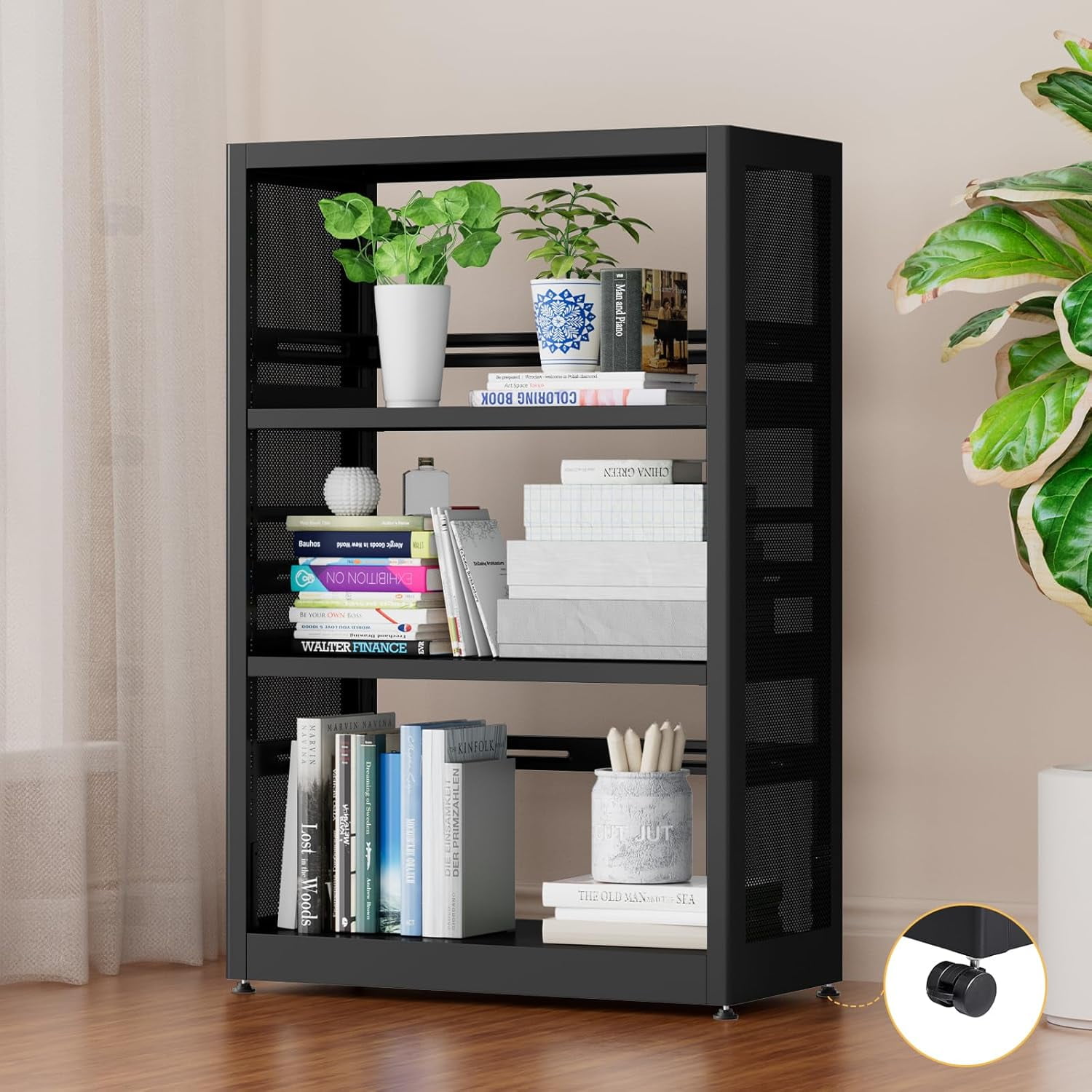 3-tier book shelf,black bookcase,tall bookshelf with adjust shelves ...