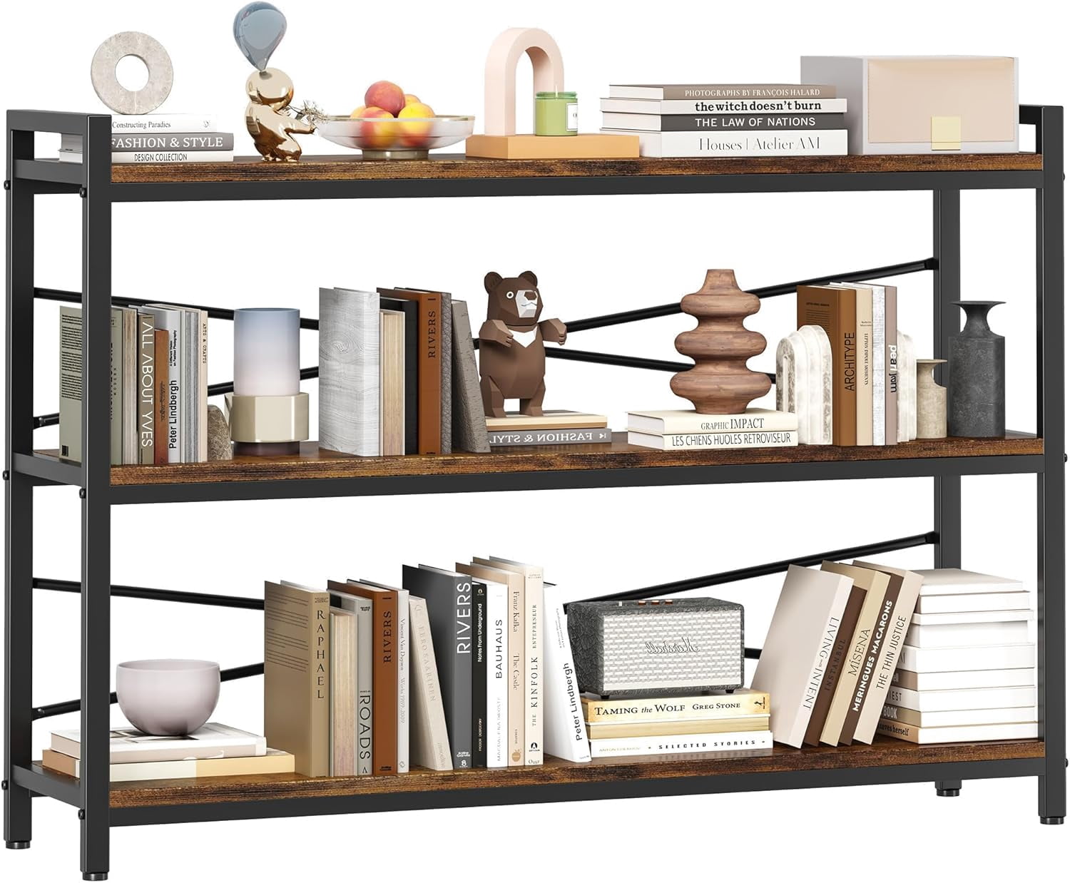 3 Tier Bookcase 47.24" Width, Long Industrial Book Shelf, Vintage ...