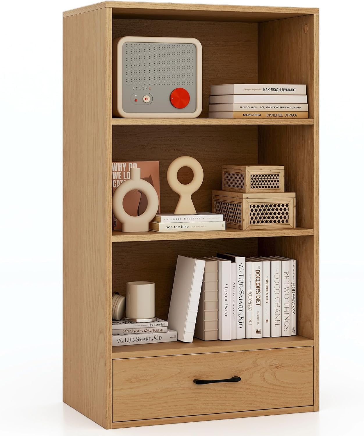 3 Tier Bookcase with Drawer, 42.5”Tall Freestanding Bookshelf with 3 ...