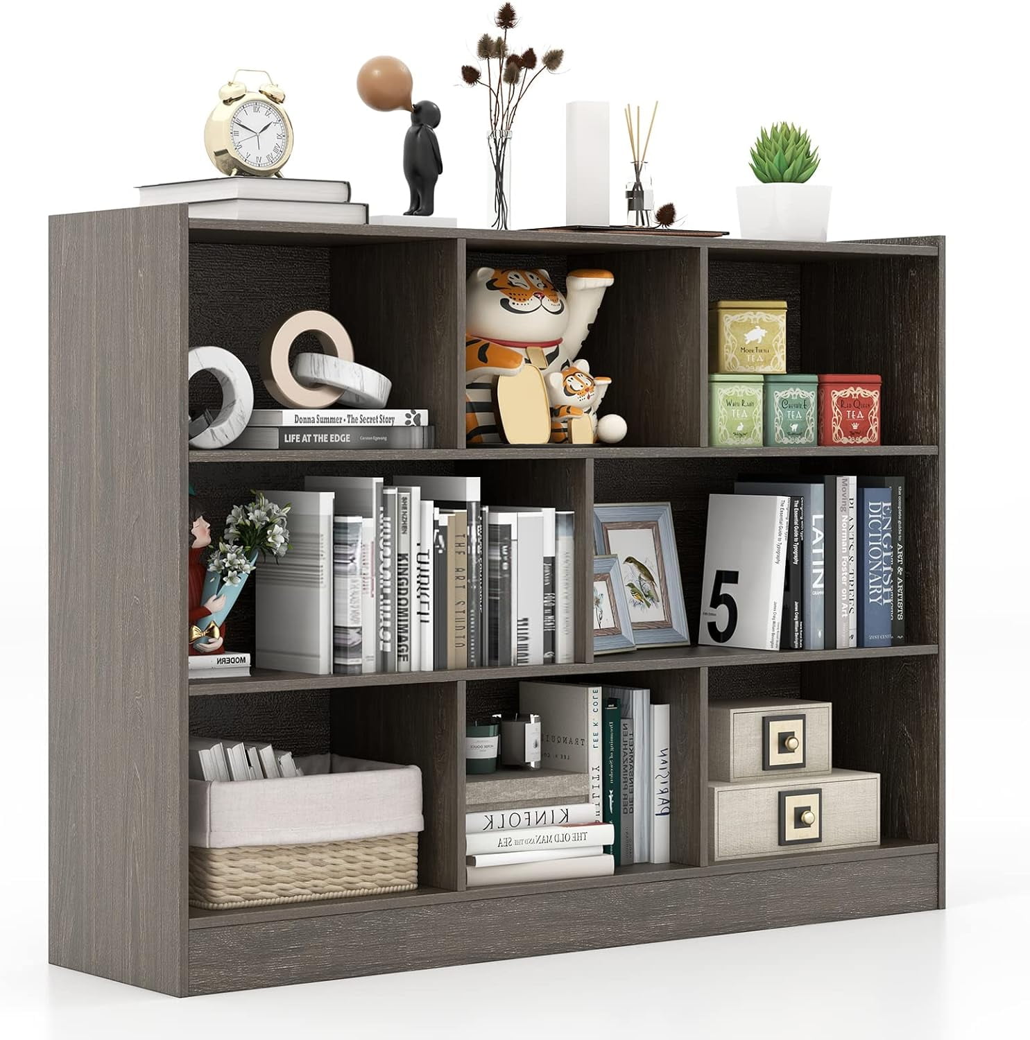 3 Tier Bookcase, Modern Bookshelf with 8 Storage Cubes, Wood Storage ...