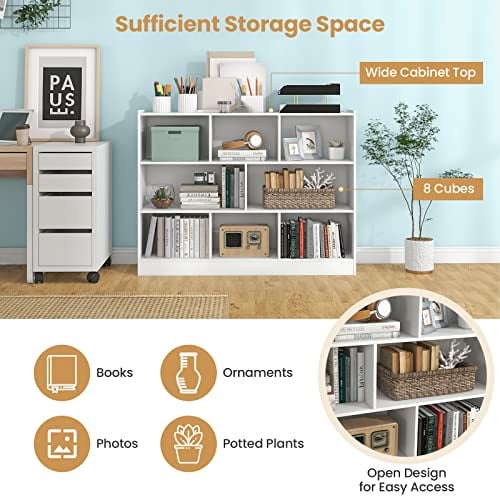 3 Tier Bookcase, Modern Bookshelf with 8 Storage Cubes, Wood Storage ...