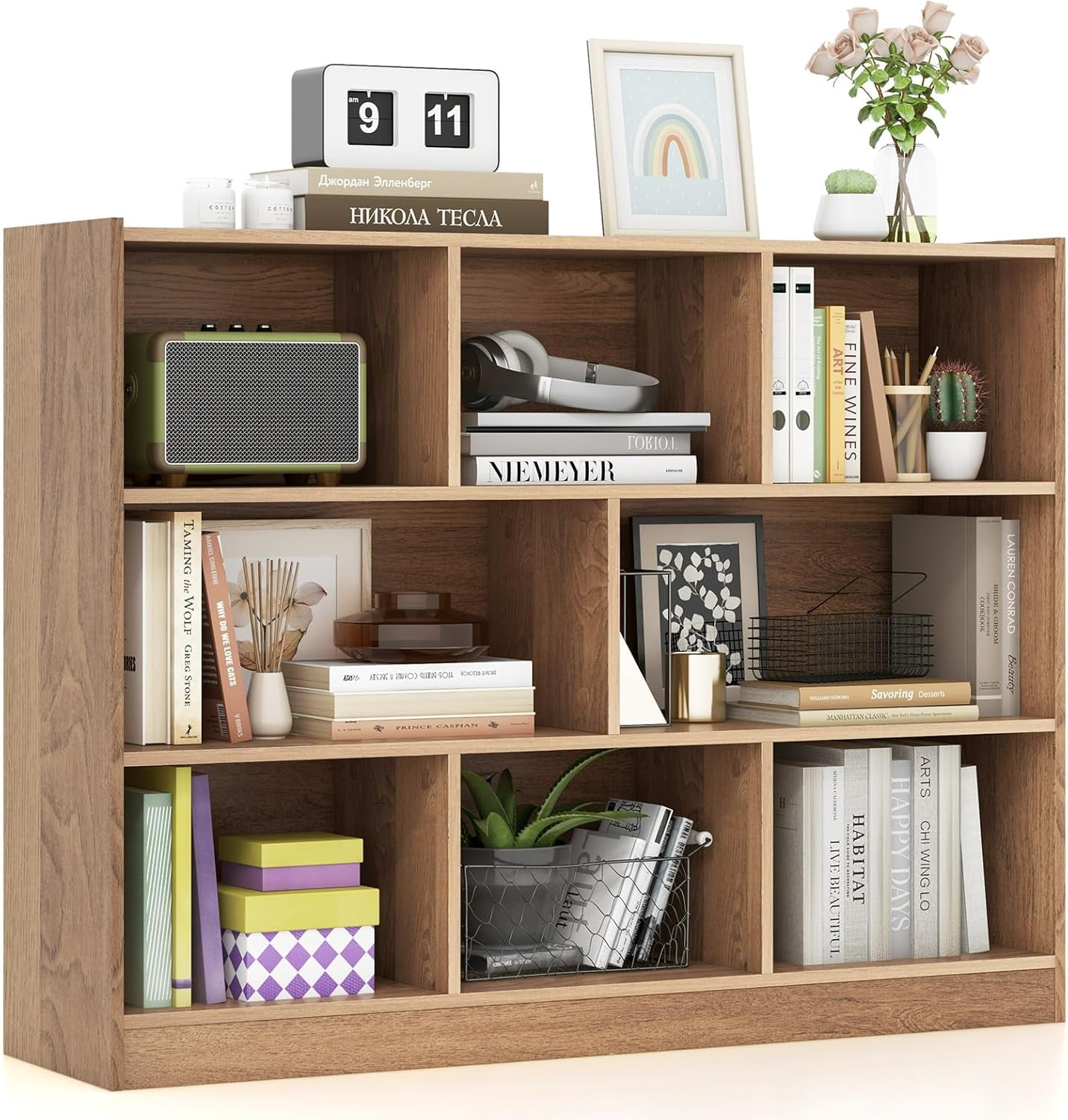 3 Tier Bookcase, Modern Bookshelf with 8 Storage Cubes, Wood Storage ...