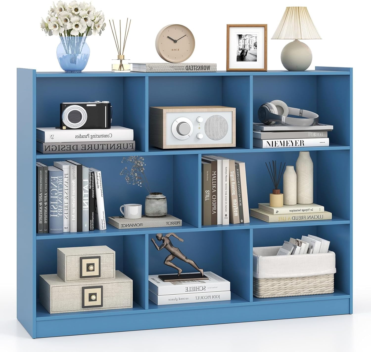 3 Tier Bookcase, Modern Bookshelf with 8 Storage Cubes, Wood Storage ...