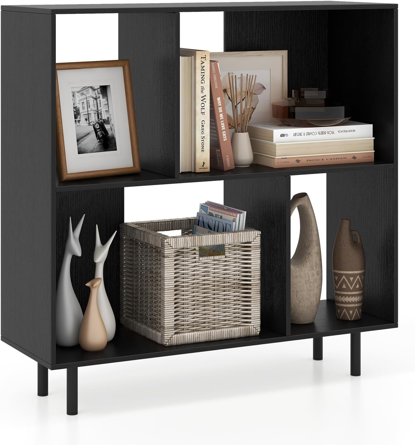 3-Tier Bookcase, Modern Cube Bookshelf with 4 Compartments & Metal Legs ...