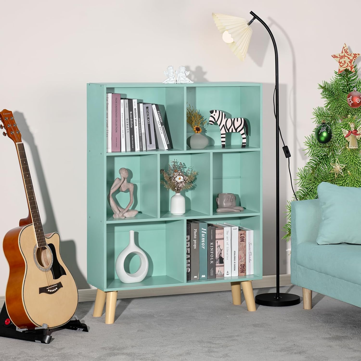 3-Tier Bookcase with Legs, 7 Cube Bookshelf Mint-Green Kids Book Shelf ...