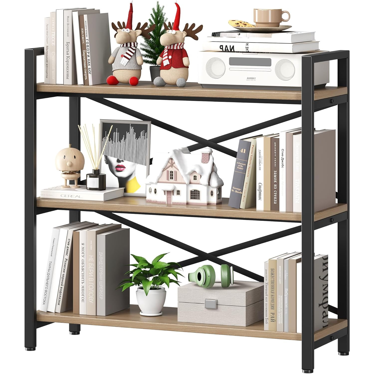 3 Tier Bookshelf 31.49" Width, Wood and Metal Etagere Bookcase, Vintage ...