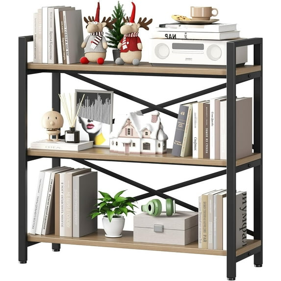 3 Tier Bookshelf 31.49" Width, Wood and Metal Etagere Bookcase, Vintage ...