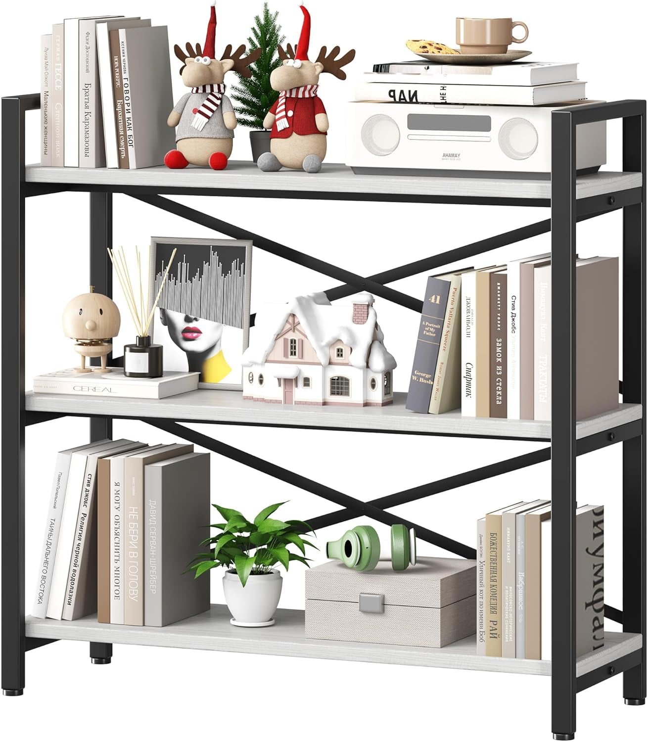 3 Tier Bookshelf 31.49" Width, Wood and Metal Etagere Bookcase, Vintage ...