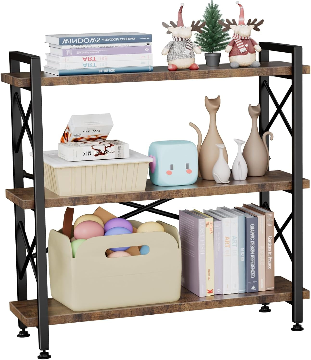3 Tier Bookshelf 35.43" Width, Rustic Open 3 Shelf Short Bookcase with ...