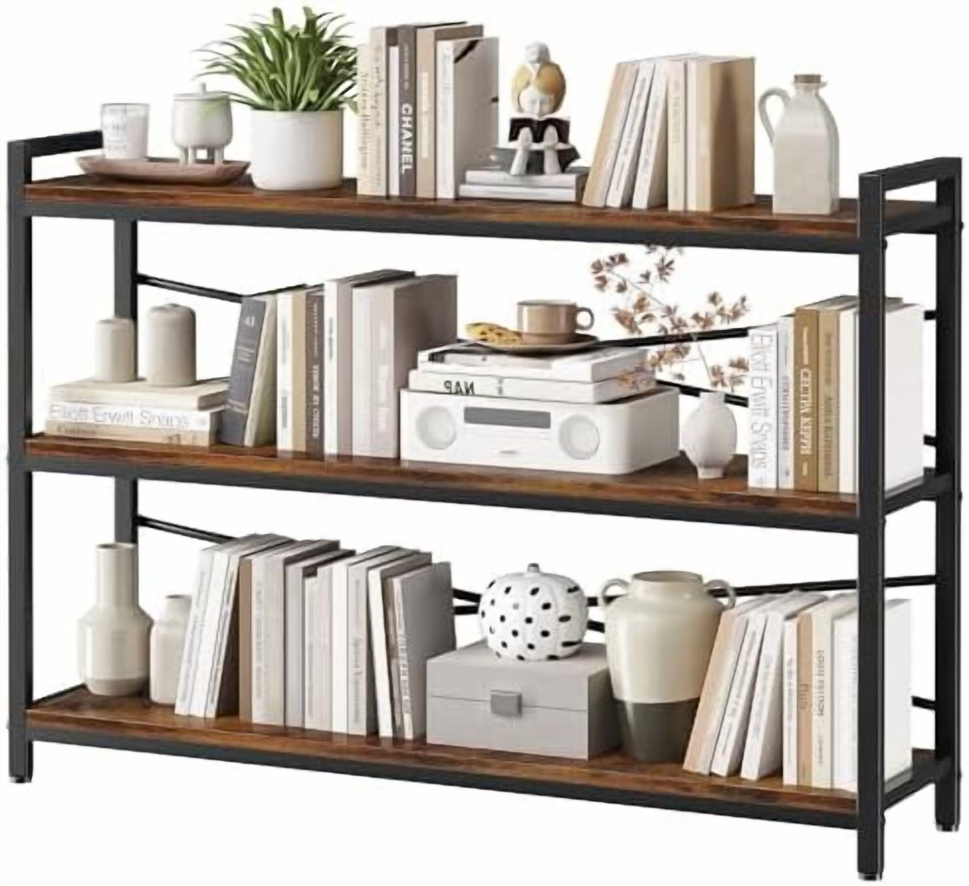 3 Tier Bookshelf 47.24" Width, Wood and Metal Etagere Bookcase, Vintage ...