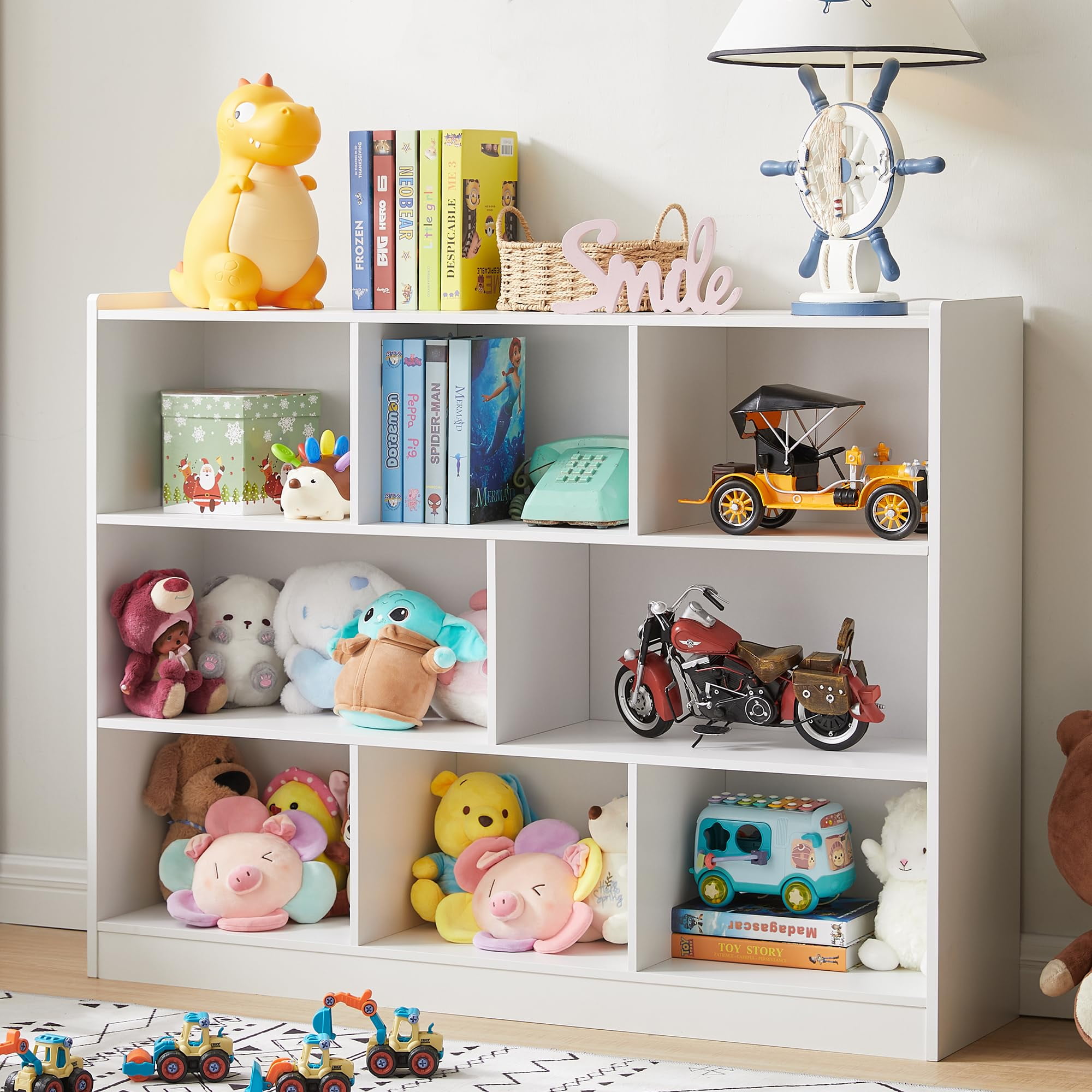 3-Tier Bookshelf, 8-Section Wooden Bookcase, Storage Organizer with ...