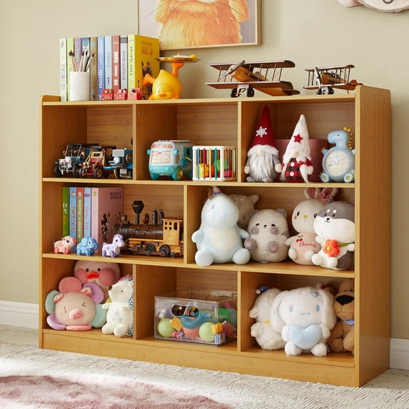 3-Tier Bookshelf, 8-Section Wooden Bookcase, Storage Organizer with ...