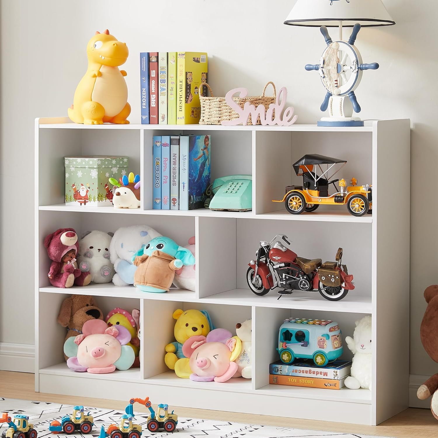 3-Tier Bookshelf, 8-Section Wooden Bookcase, Storage Organizer with ...