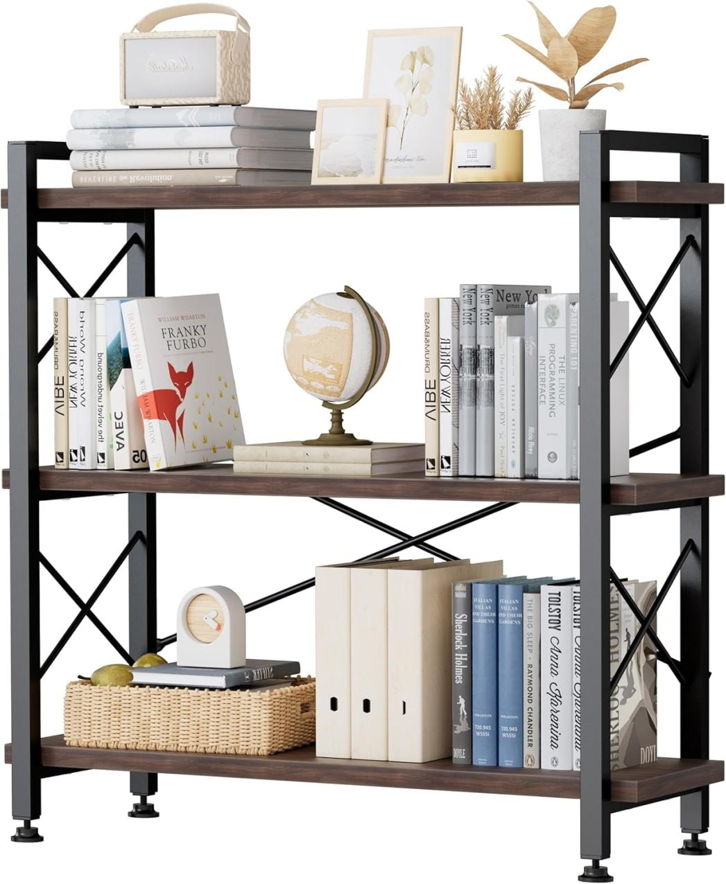 3 Tier Bookshelf Bookcase, 35.5'' Width Wood & Metal Open Book Shelf ...