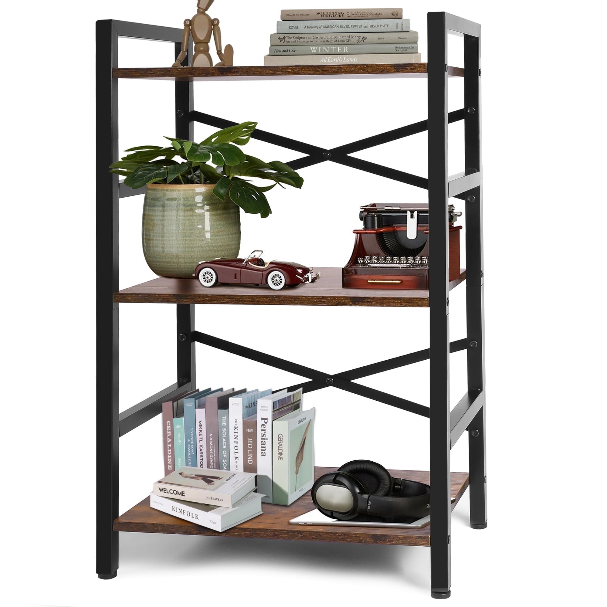 Elemore Home 3 Tier Bookshelf, Small Industrial Bookcase Storage ...