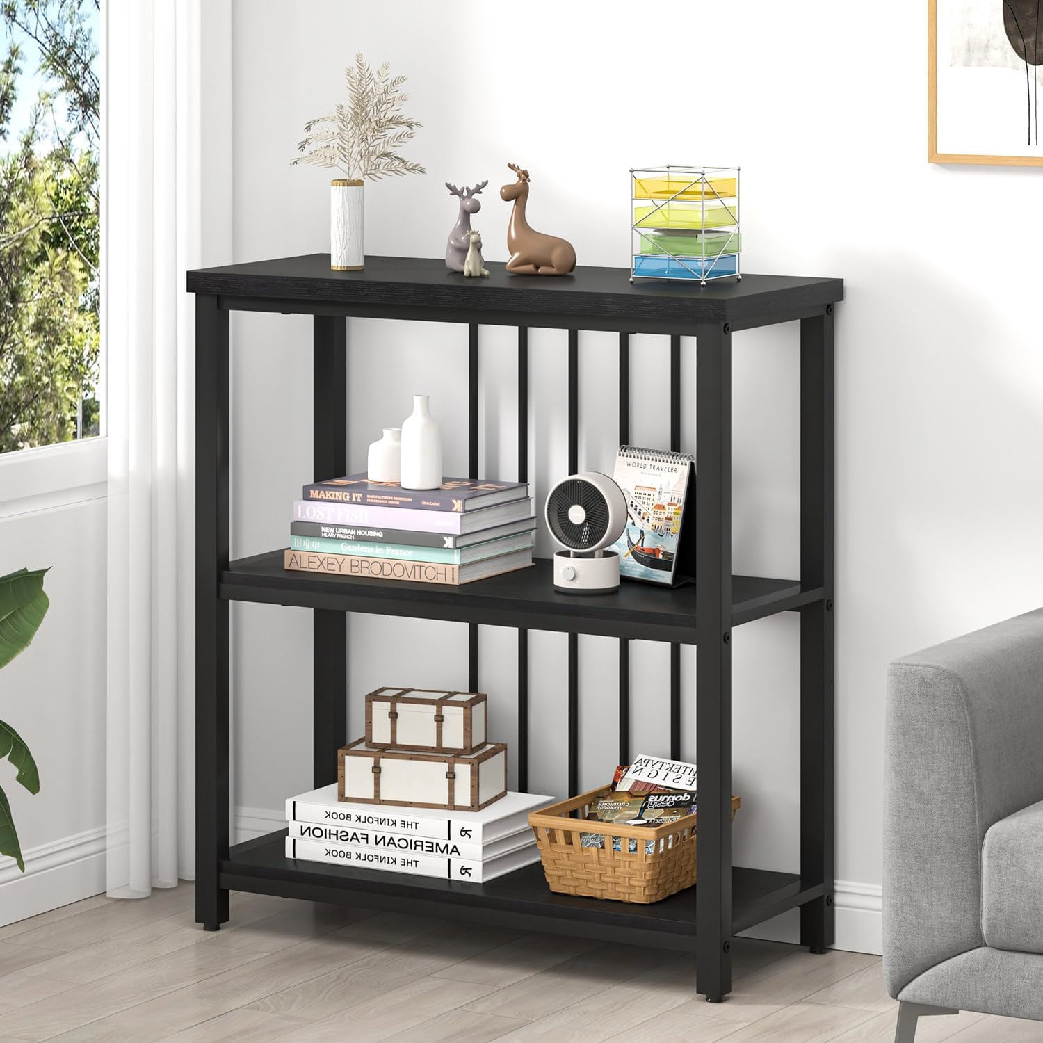 3 Tier Bookshelf, Short Bookcase for Small Space, Modern Wooden and ...
