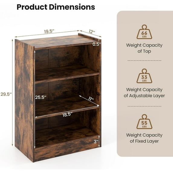 3-Tier Bookshelf, Small Bookcase with 18 Positions Adjustable Shelves ...