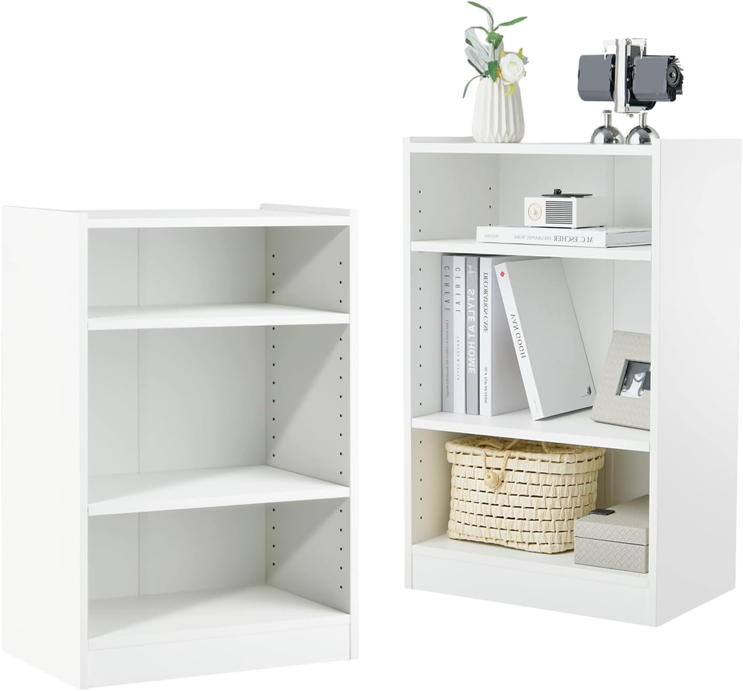 3-Tier Bookshelf, Small Bookcase with 18 Positions Adjustable Shelves ...