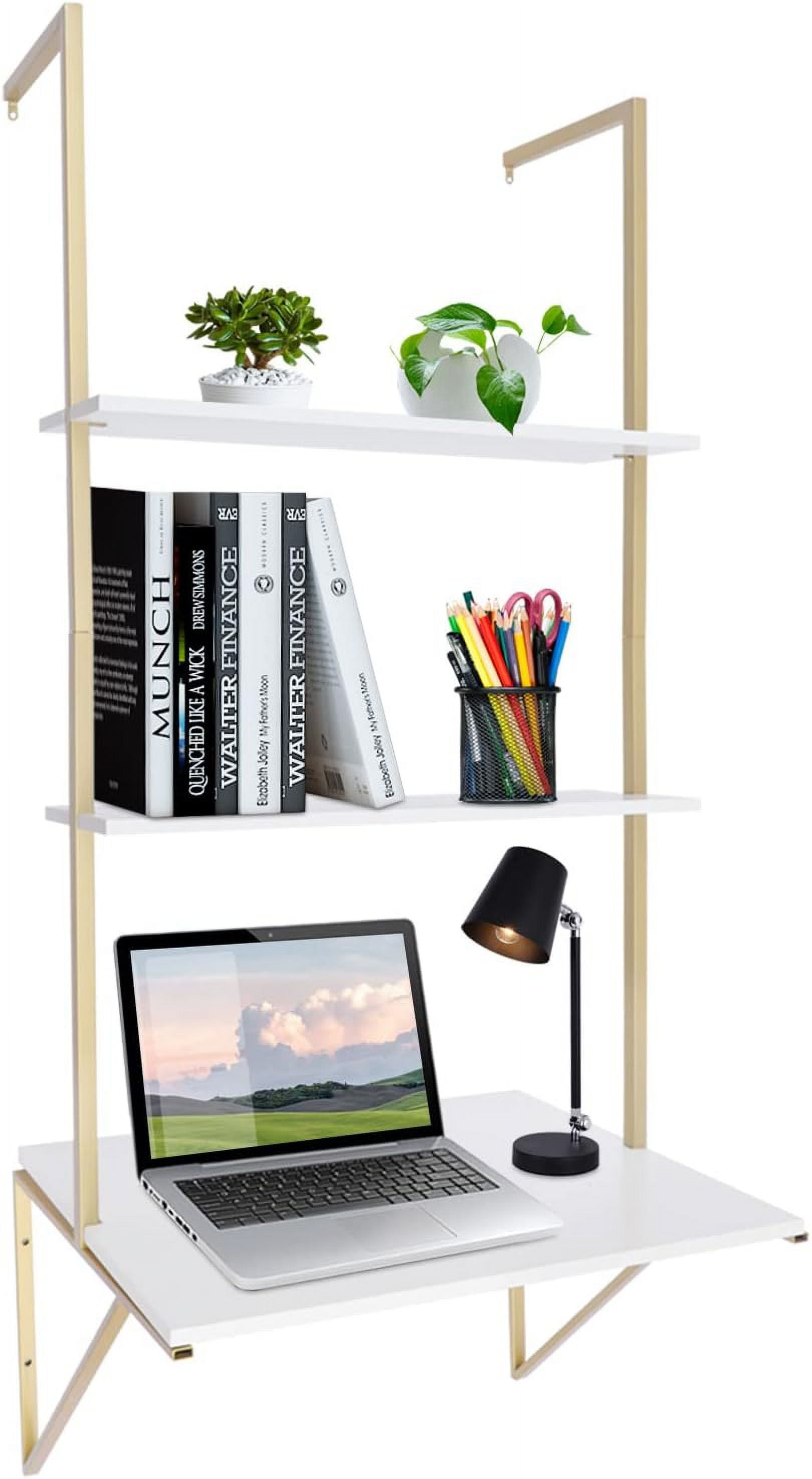 3-Tier Bookshelf, Wall Mounted Ladder Shelf, Computer Ladder Shelf Desk ...