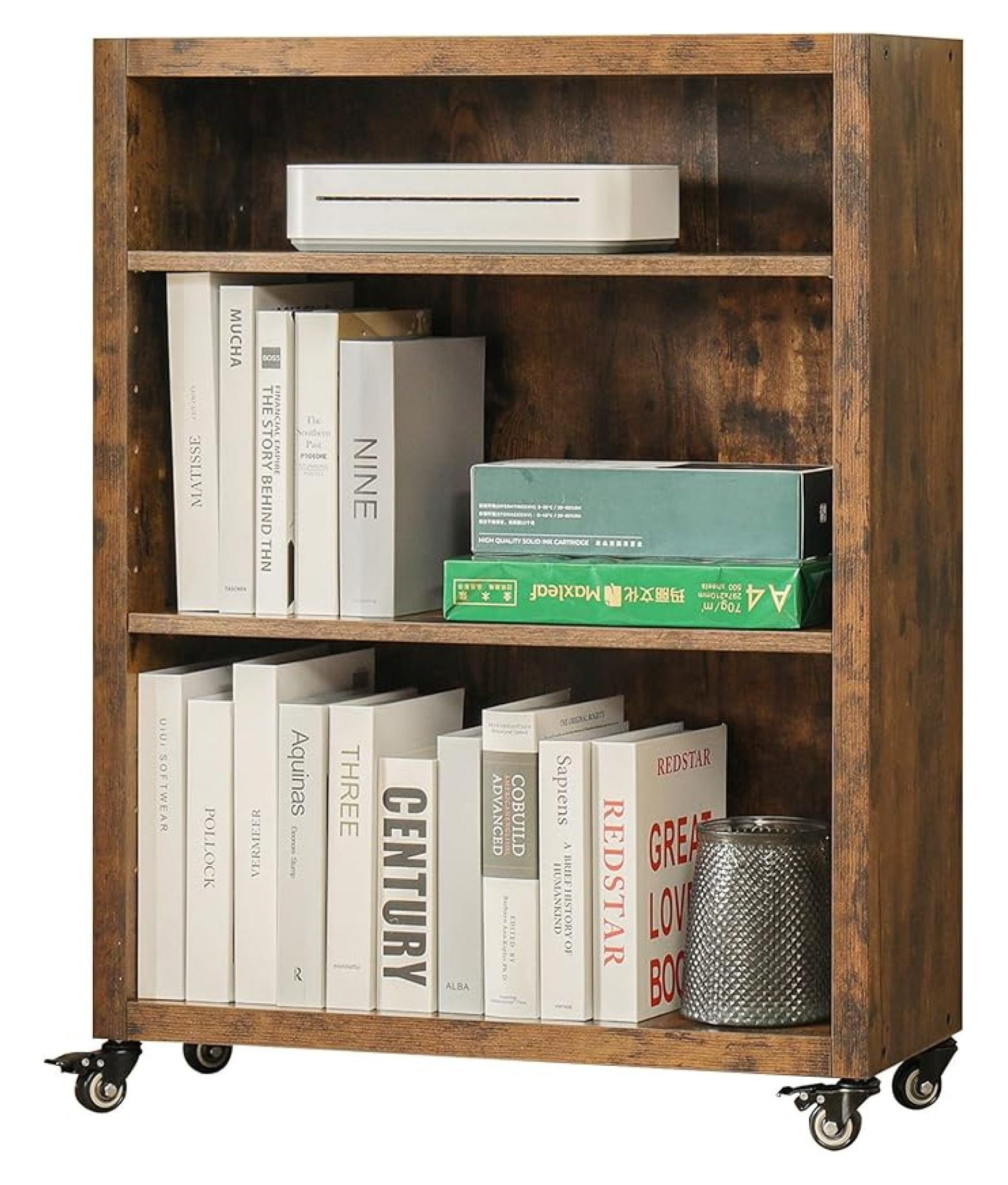 3-Tier Bookshelf with Wheels Book Storage Organizer Bookcase Movable ...