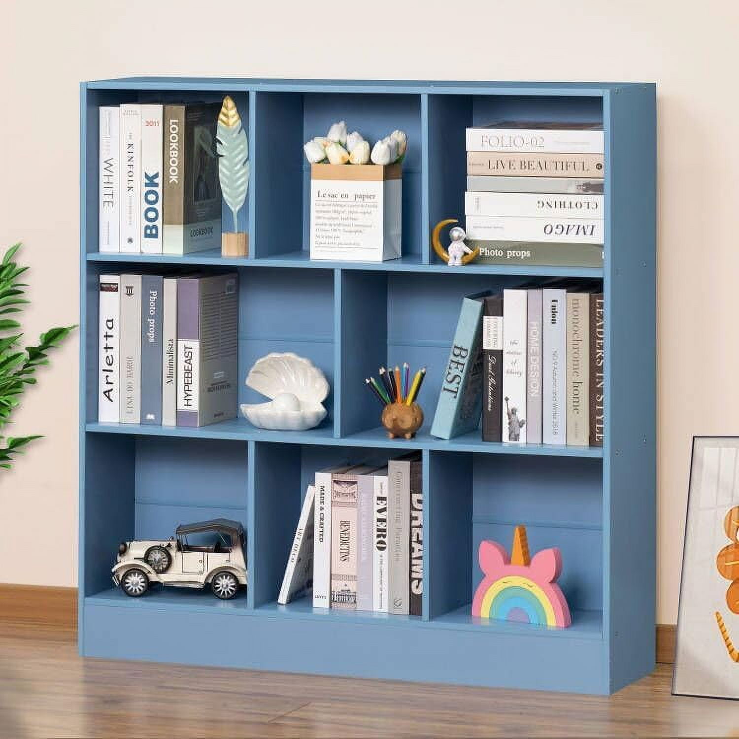 3 Tier Bookshelf,Wide Horizontal Bookcase,8 Cube Blue Book Shelf ...