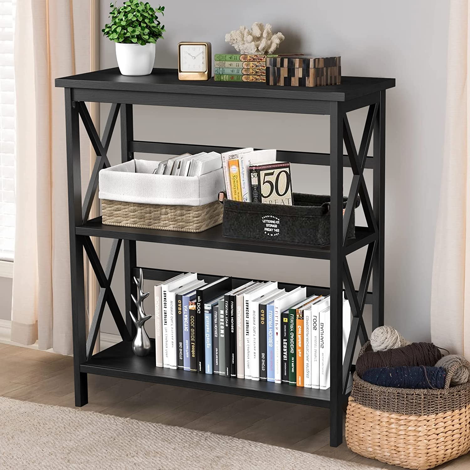 3 Tier Bookshelf, Wood Etagere Bookcase with Open Shelves, Modern ...