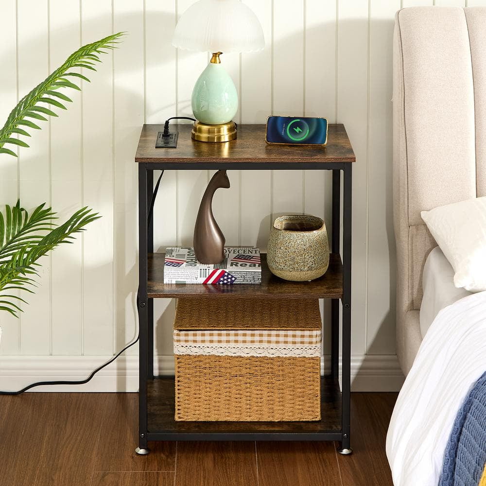 3-Tier Brown Side Table Stable Open Shelves with Metal Frames, End ...