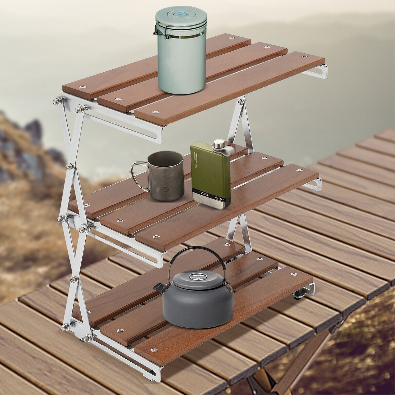 3-Tier Camping BBQ Folding Storage Rack Natural Wood Desktop Organizing ...