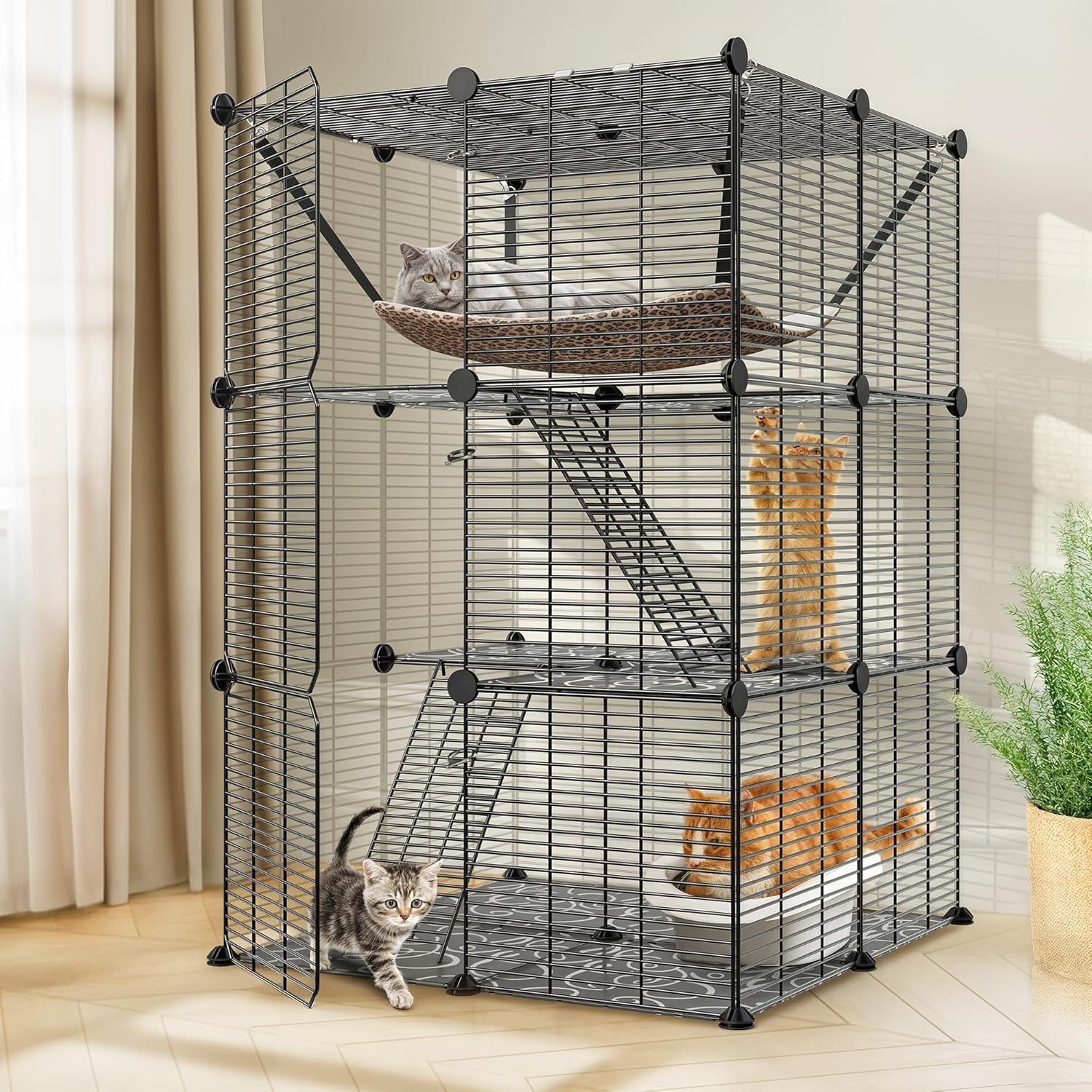 3-Tier Cat Cage Indoor Cat Enclosures DIY Cat Kennel Detachable Metal ...