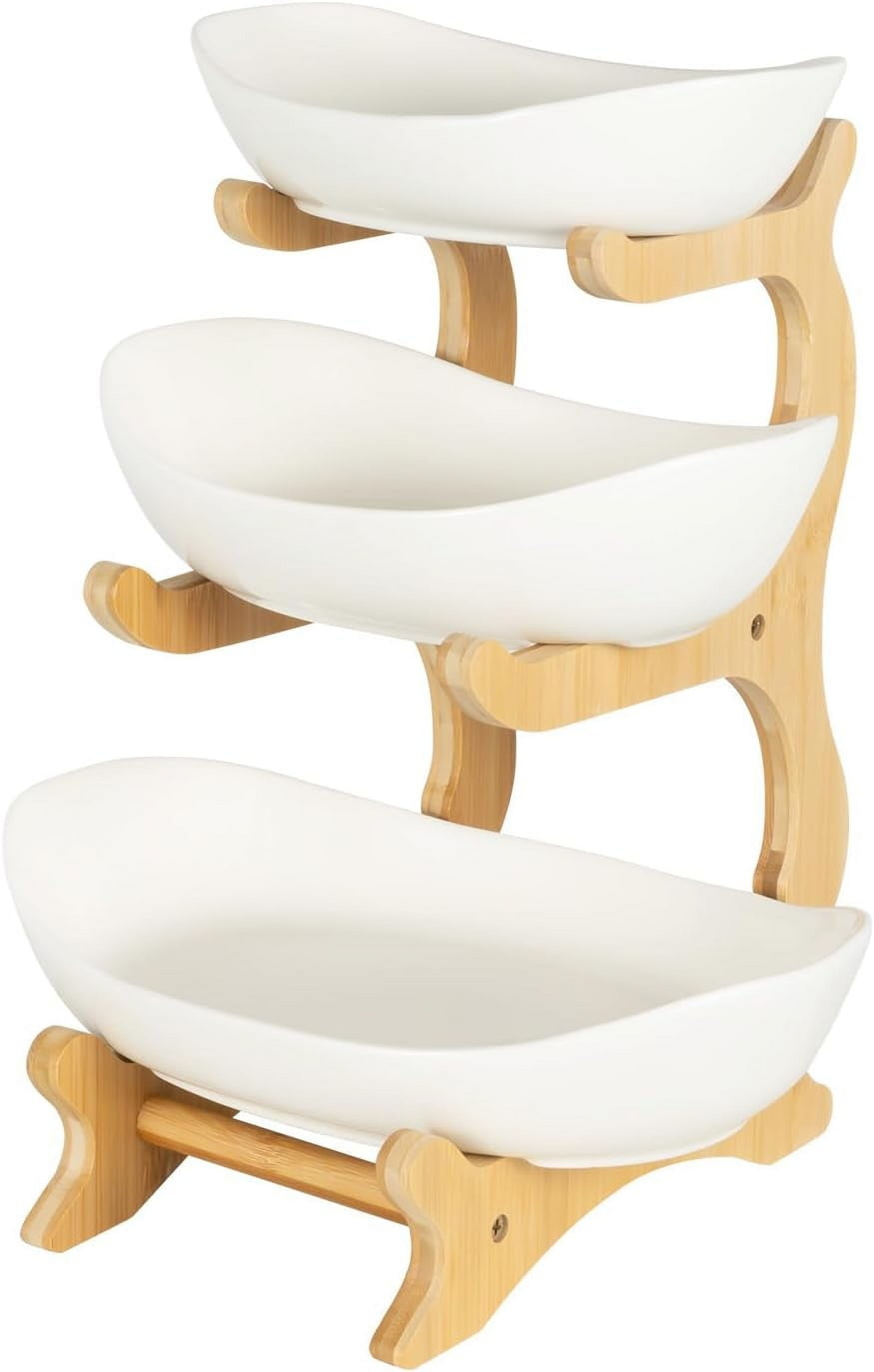 3 Tier Ceramic Fruit Bowl with Bamboo Wood Stand, Fruit Stands for ...