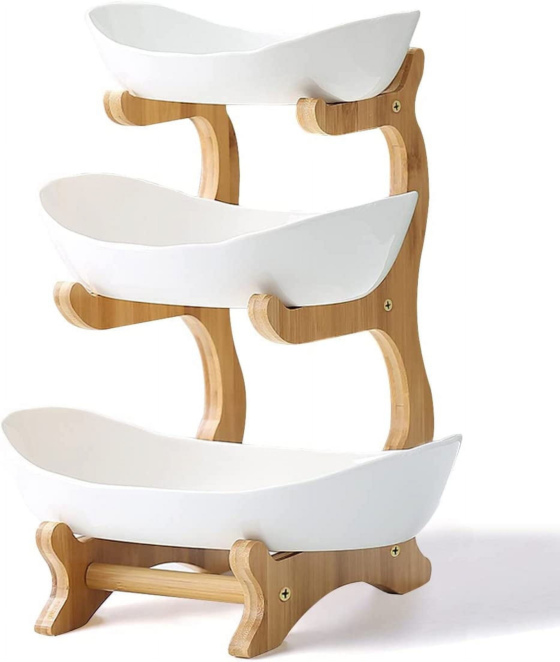 3 Tier Ceramic Fruit Bowl With Bamboo Wood Stand for Kitchen Counter ...