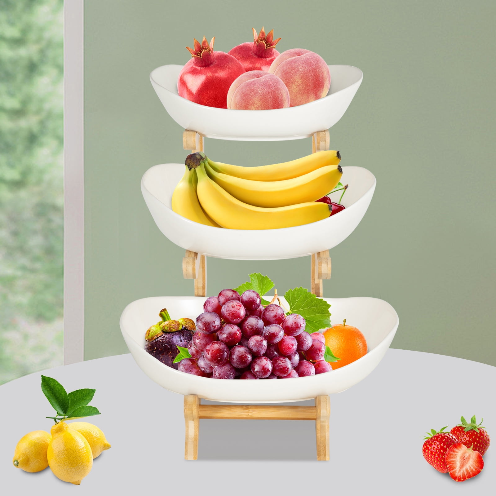 3-Tier Ceramic Fruit Bowl with Wood Stand - Elegant Tiered Serving Tray ...