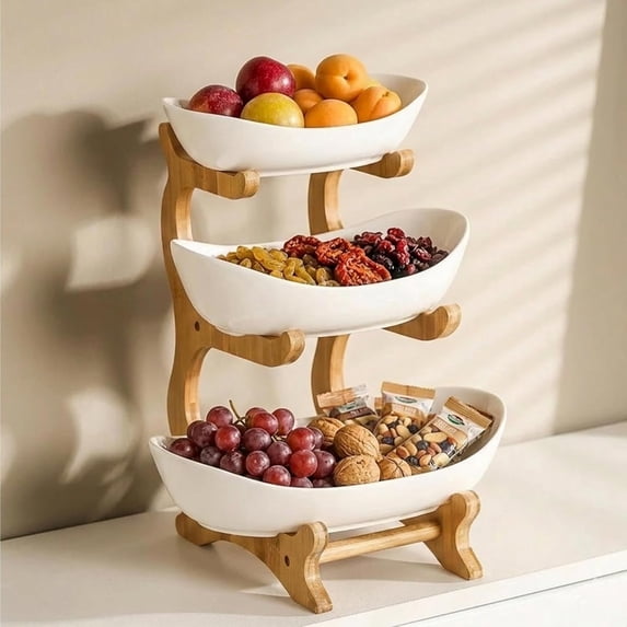3 Tier Ceramic Fruit Bowl with Bamboo Stand – 11 Inch Stackable Kitchen ...