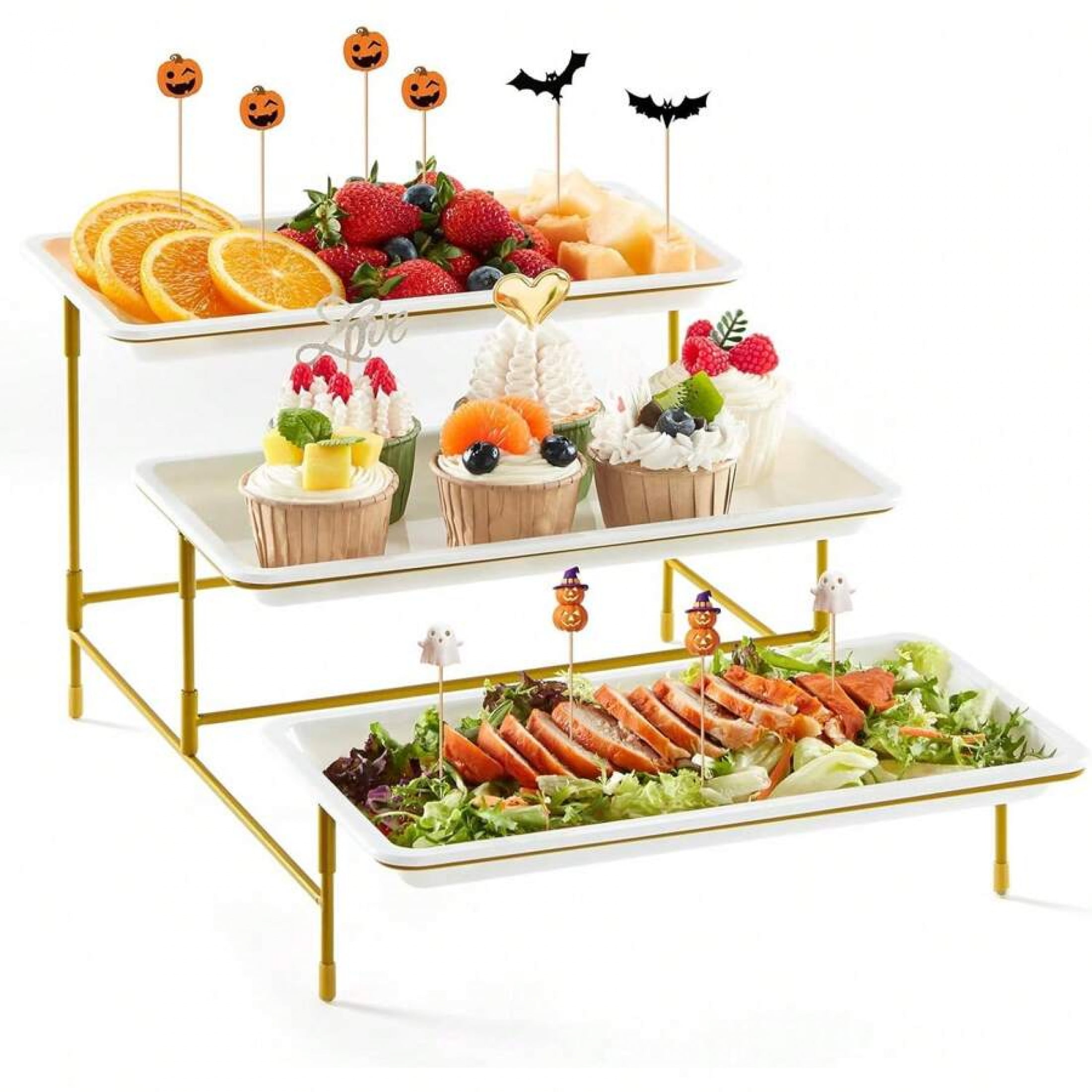 3-Tier Ceramic & Gold Metal Serving Stand, Rectangular Tiered Tray for ...