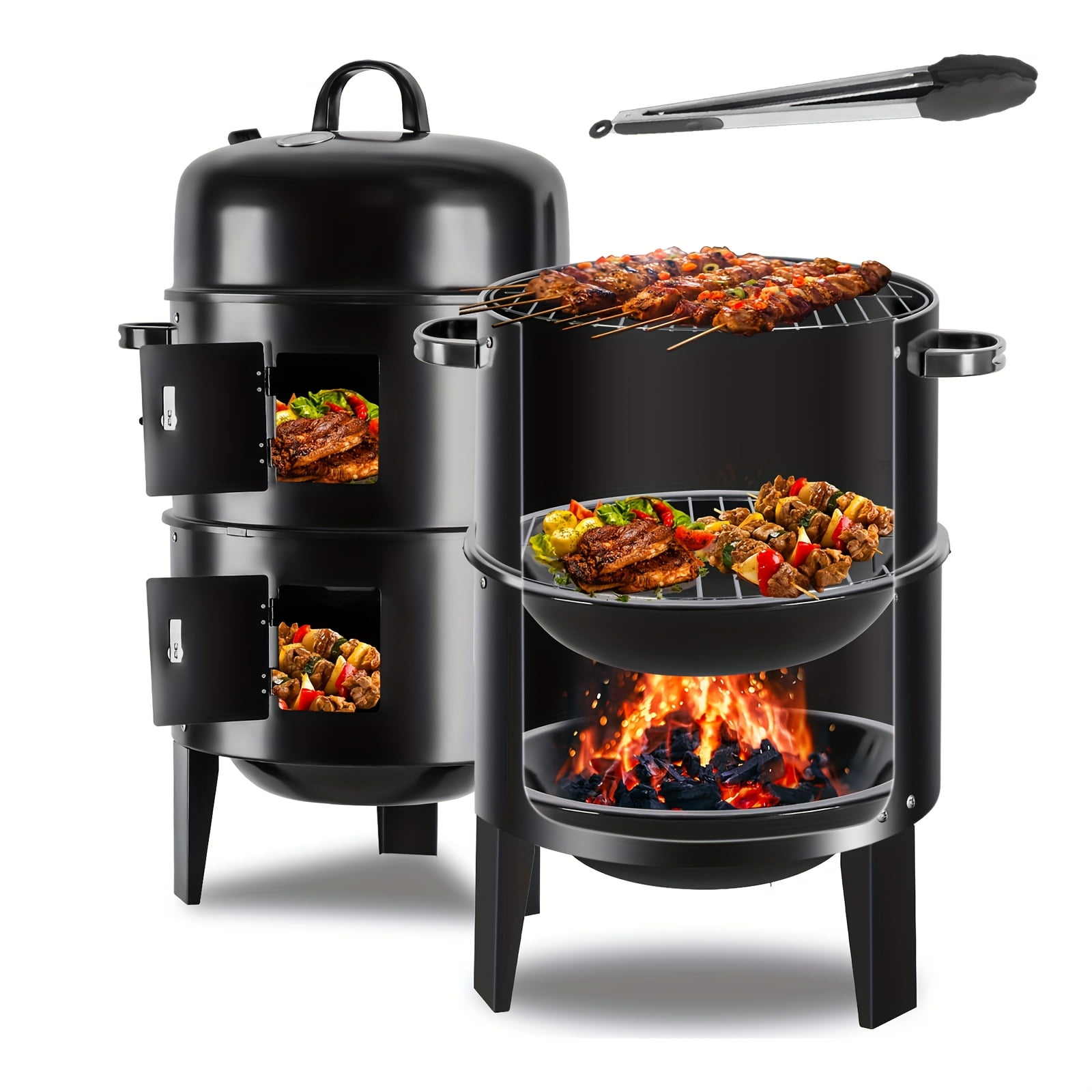 [3-Tier Charcoal Smoker] Portable 16-inch 3-Tier Vertical Charcoal ...