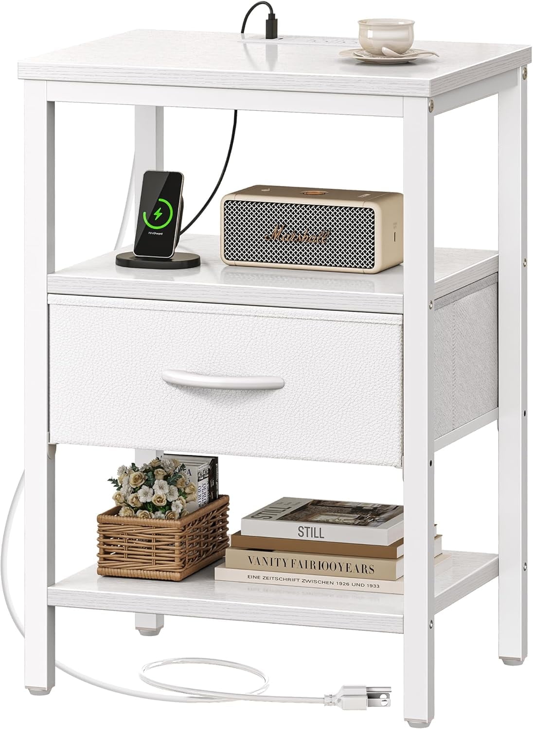 3-Tier Charging Nightstand - Adjustable Fabric Drawer Bedside Table ...
