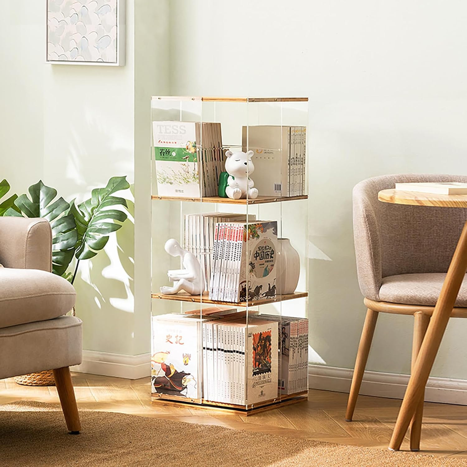 3 Tier Clear Acrylic Bookcase, 360° Swivel Bookshelf Cube Storage ...
