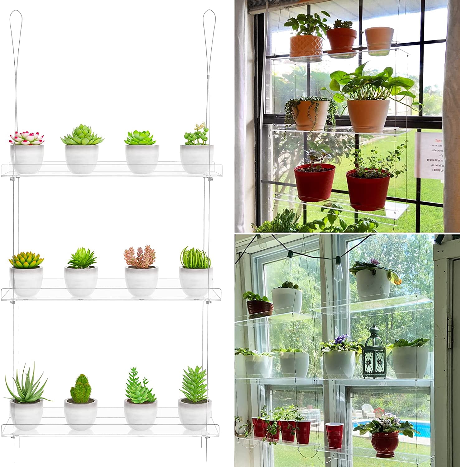 3-Tier Clear Hanging Window Plant Shelves 16In, Height Adjustable ...