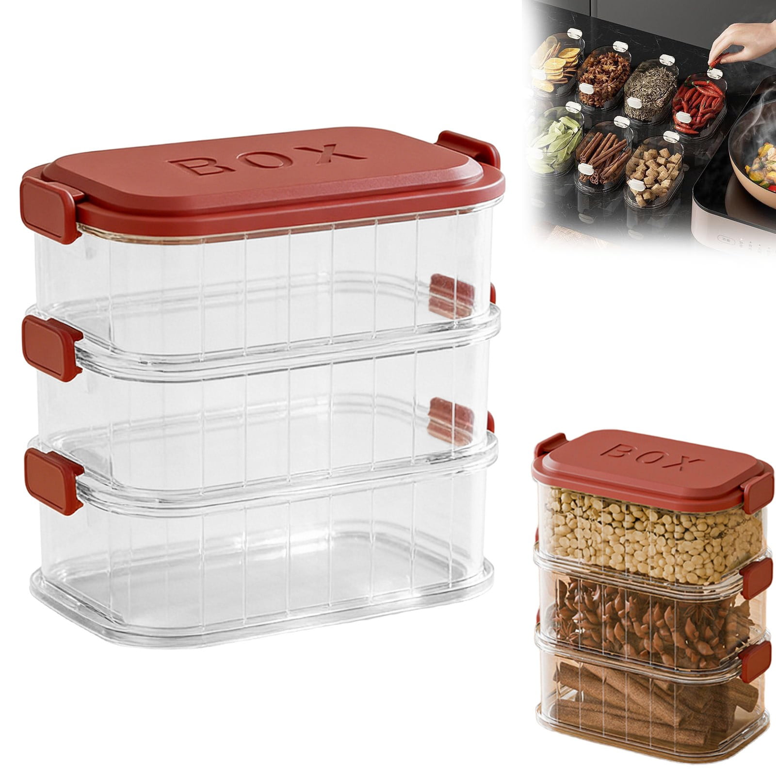 3 Tier Clear Plastic Airtight Stackable Storage Box, BPA-Free Spice ...