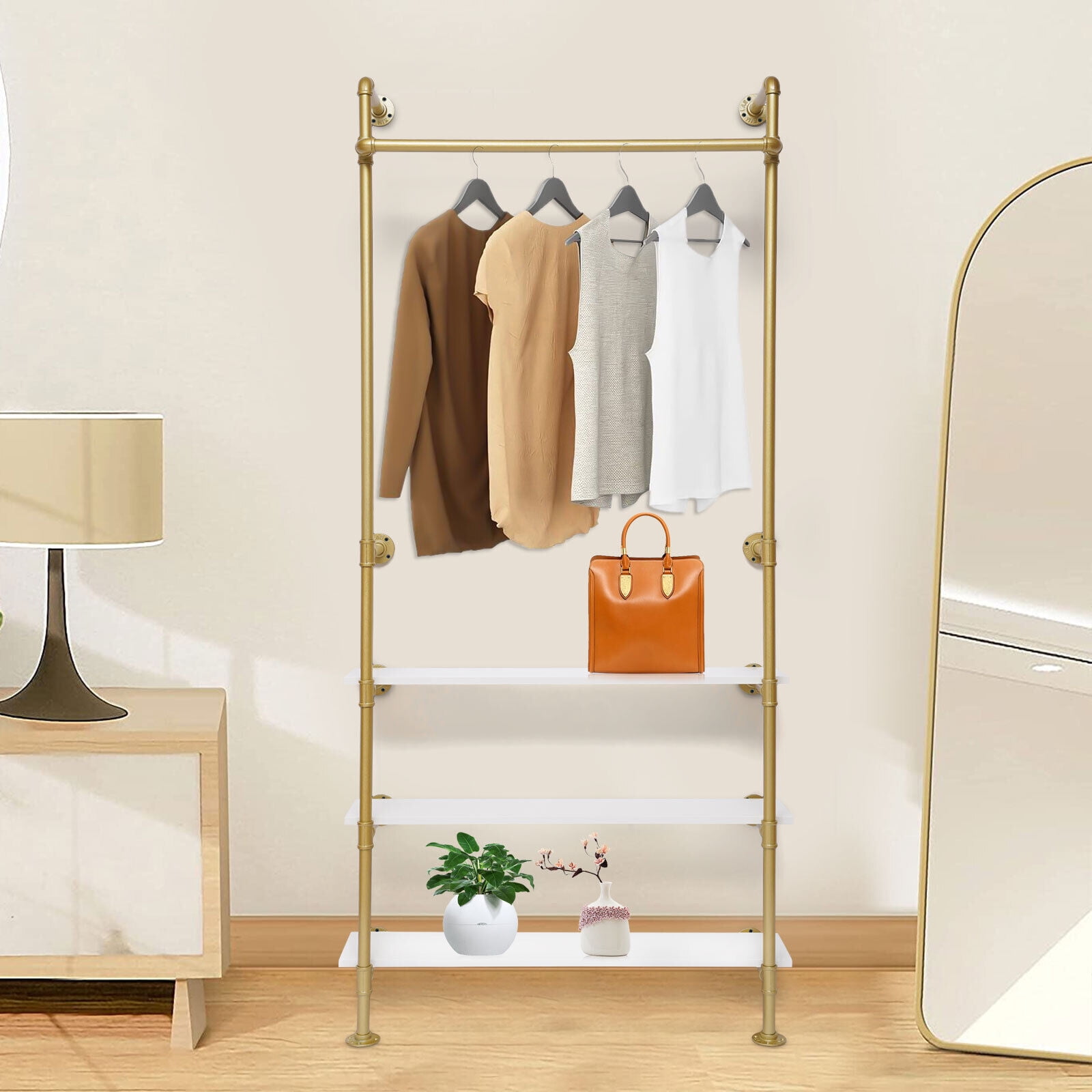 3-Tier Clothes Display Stand Gold Clothes Hanging Wardrobe Iron Pipe ...