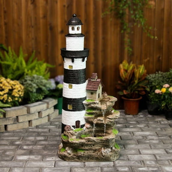 3-Tier Coastal Lighthouse Waterfall Fountain with LED Lighting for ...