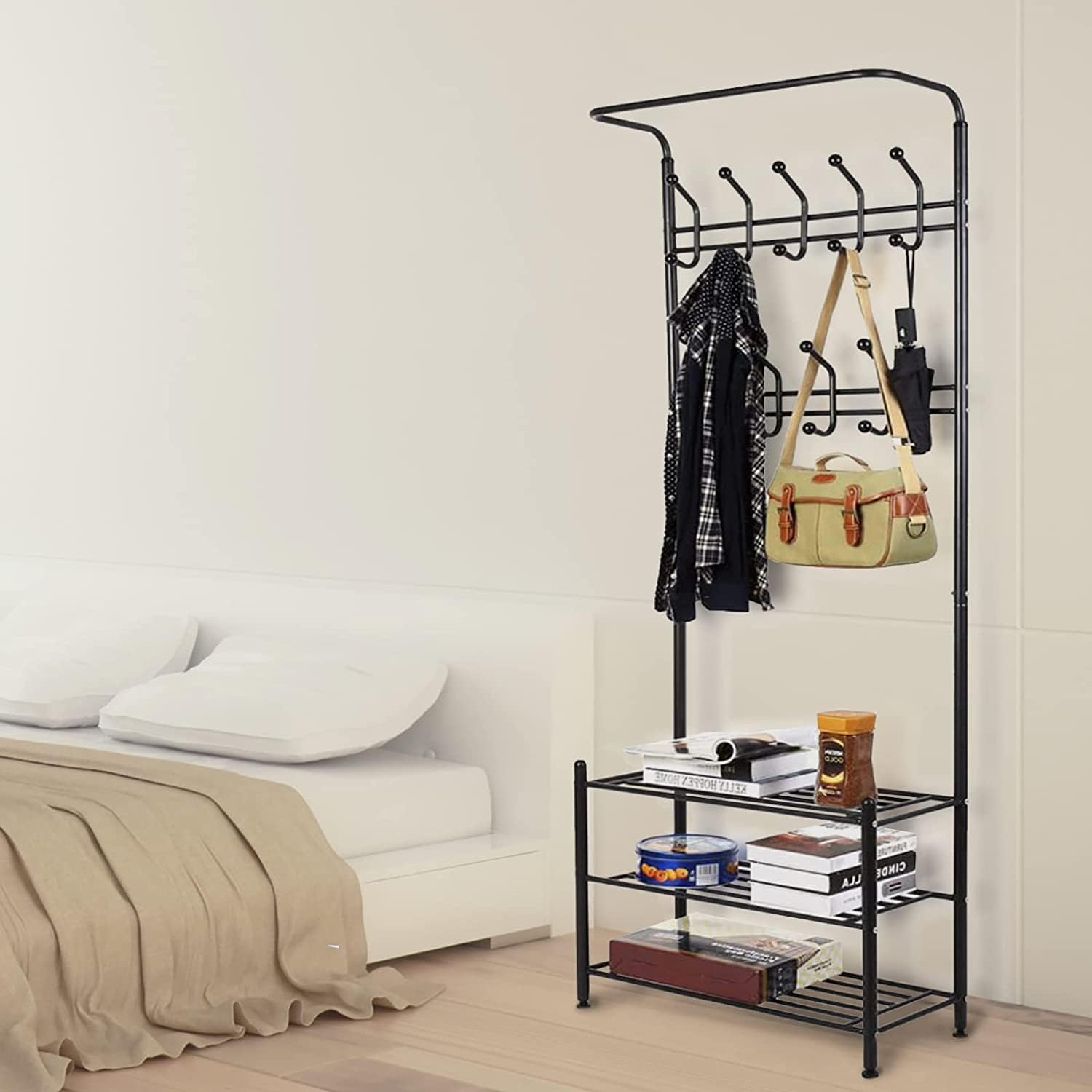 3-Tier Coat Rack w/Shoe Organizer and Storage Shelf, Industrial 3-in-1 ...