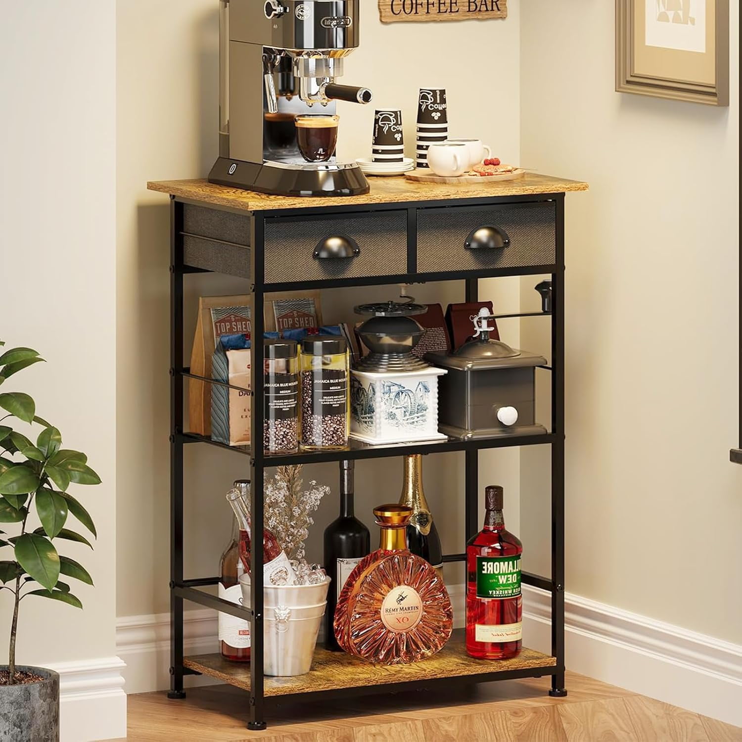 3 Tier Coffee Bar Cabinet with Storage Drawer, Adjustable Shelf ...
