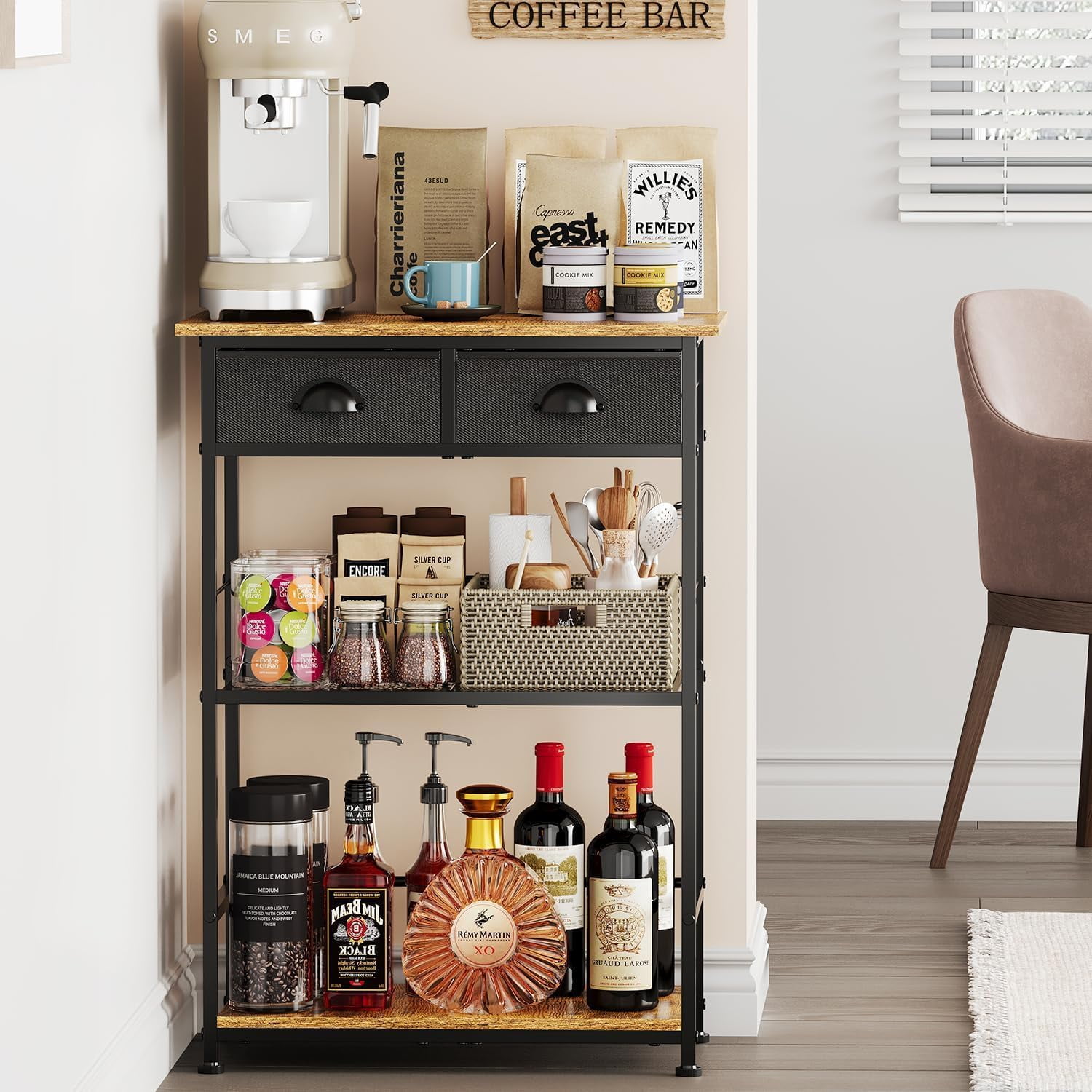 3 Tier Coffee Bar Cabinet with Storage Drawer, Adjustable Shelf ...