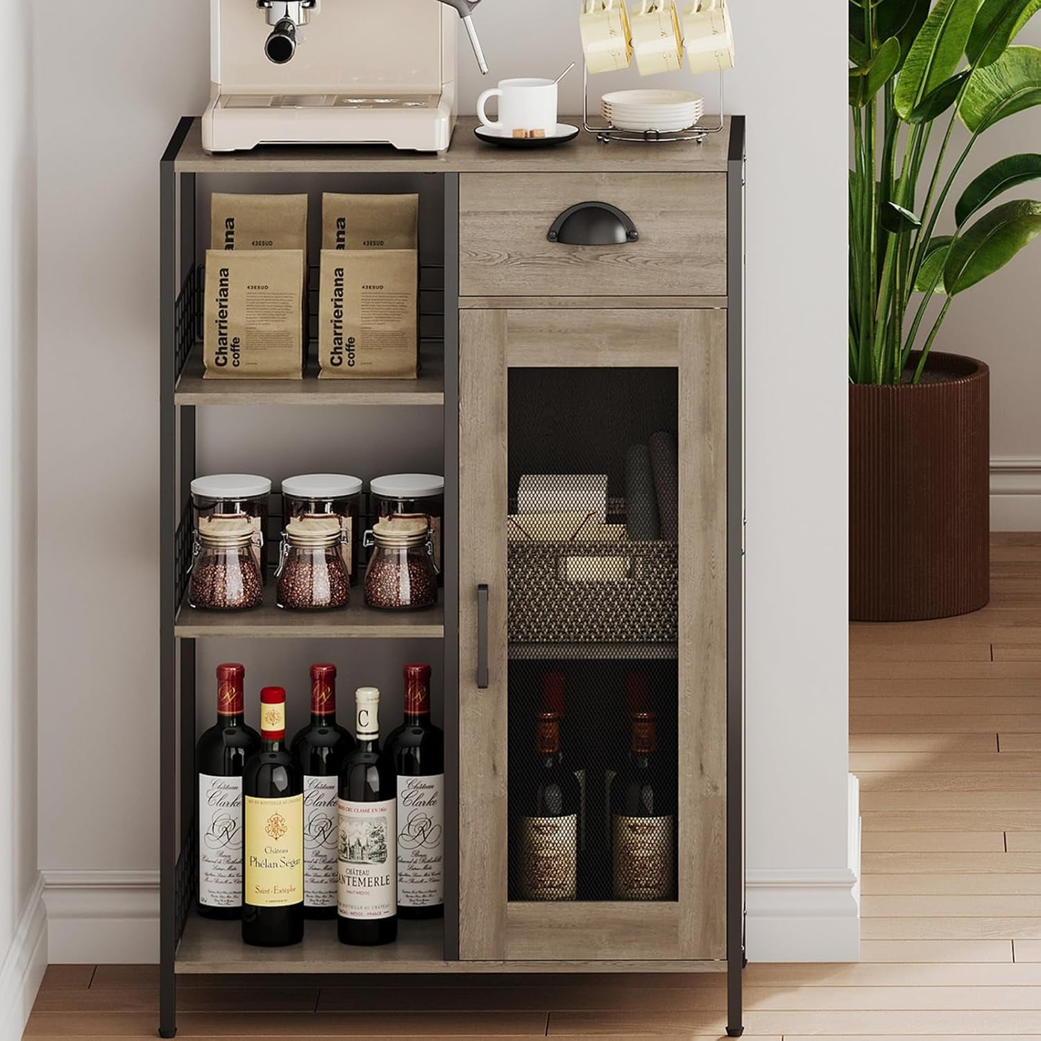 3 Tier Coffee Bar Table with Storage Drawer, 35.8" H Adjustable Shelf Farmhouse Coffee Stand ...