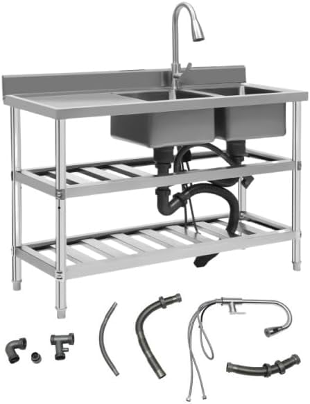 3 Tier Commercial Kitchen Sink Utility Prep Sink, 2 Deepened Bowls ...