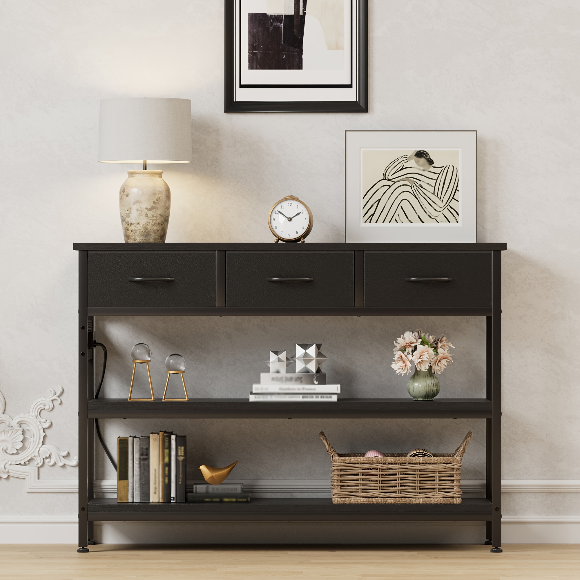 3-Tier Console Table with Charging Station - 2 AC Outlets & 2 USB Ports ...