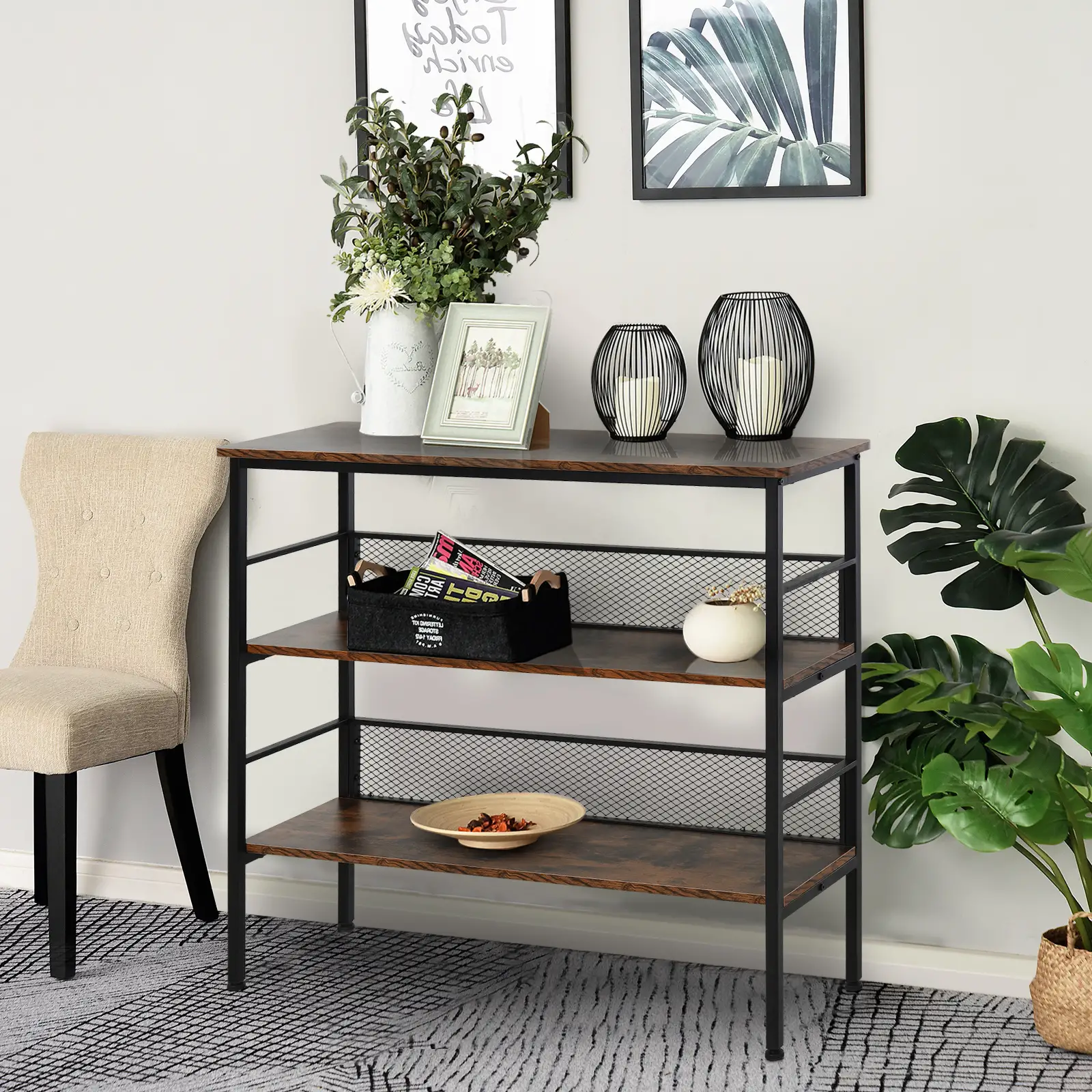 3-Tier Console Table Industrial Style Storage Metal Wooden Shelf with a ...
