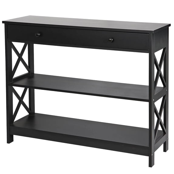 3-Tier Console Table Storage Shelf Black Sofa Table with Drawer Hallway ...