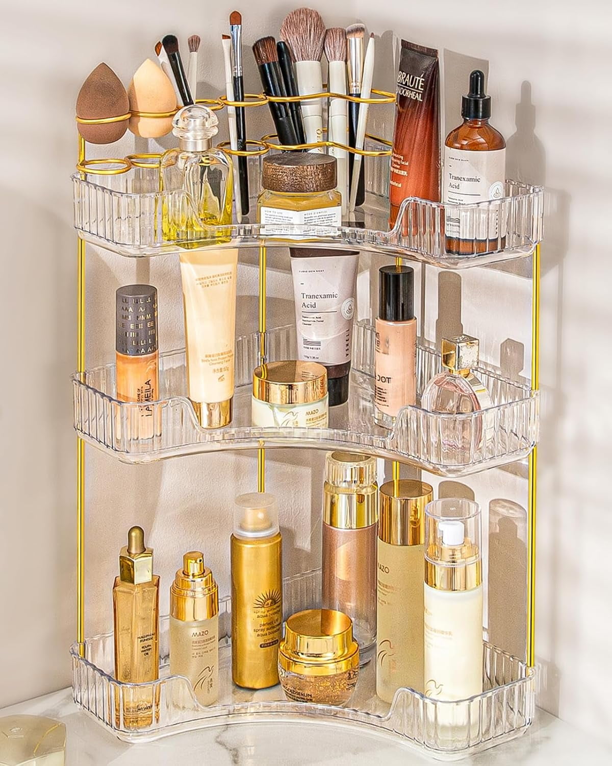 3-Tier Corner Bathroom Makeup Organizer for Vanity with Brush Holder ...